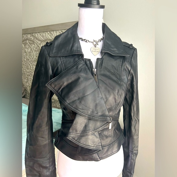 bebe | Jackets & Coats | Bebe Y2k Black Ruffle Front Genuine Leather ...